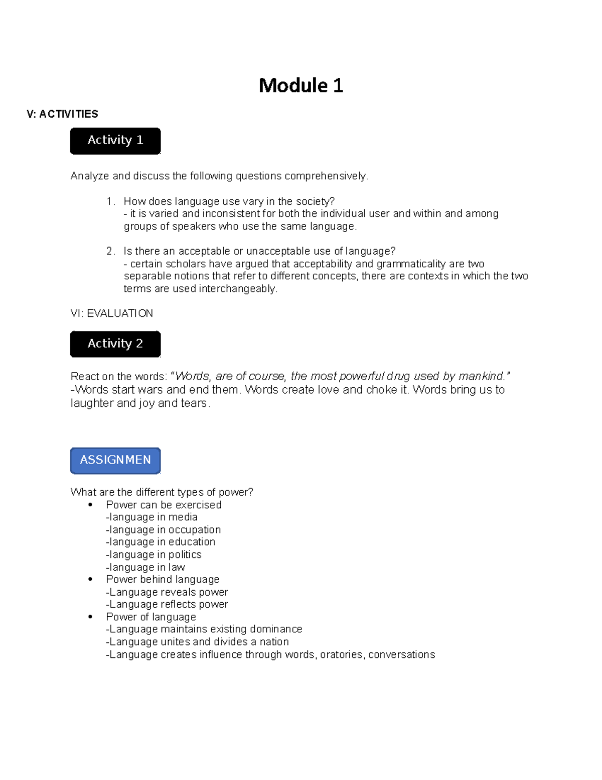 Language and Power Answersheet - Module 1 V: ACTIVITIES Analyze and ...