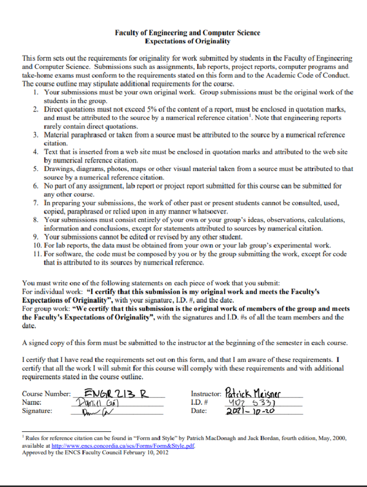 Project 1 ENGR 213 - Faculty of Engineering and Computer Science Expectations of Originality ...