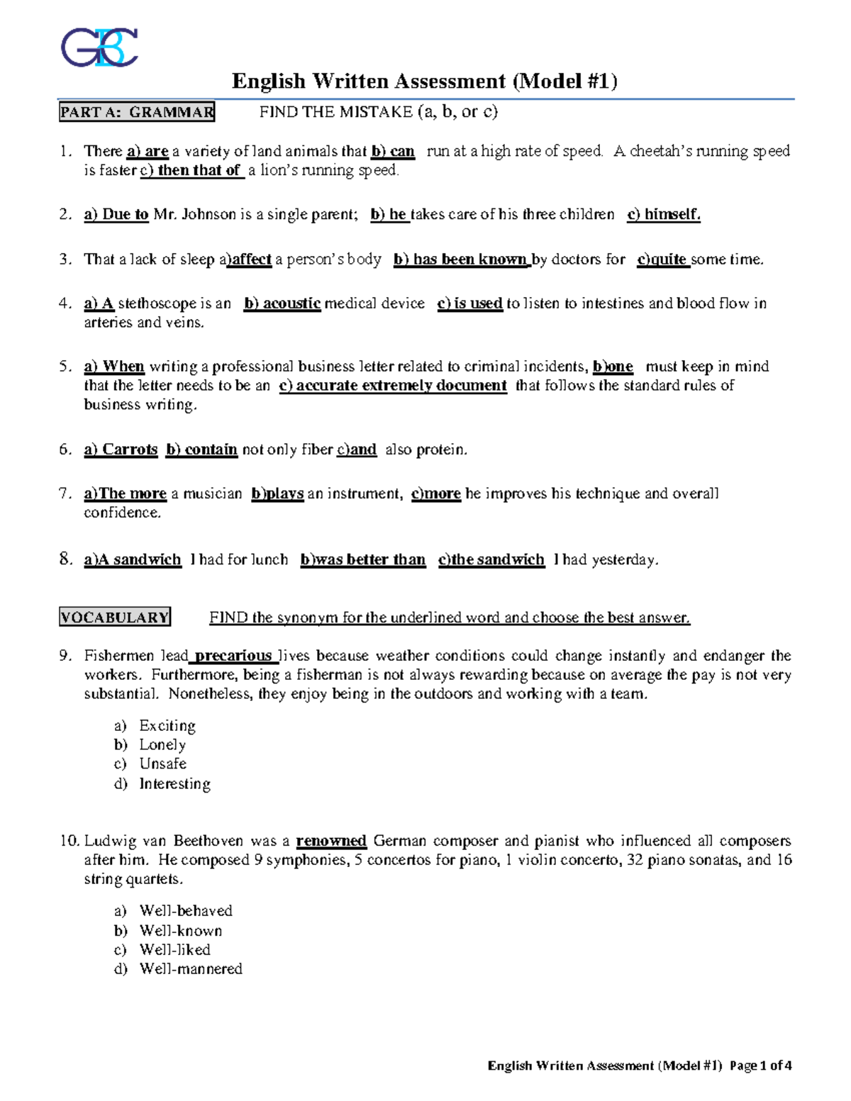 Placement test GBC - gfwrr tehetuy5eth - English Written Assessment ...