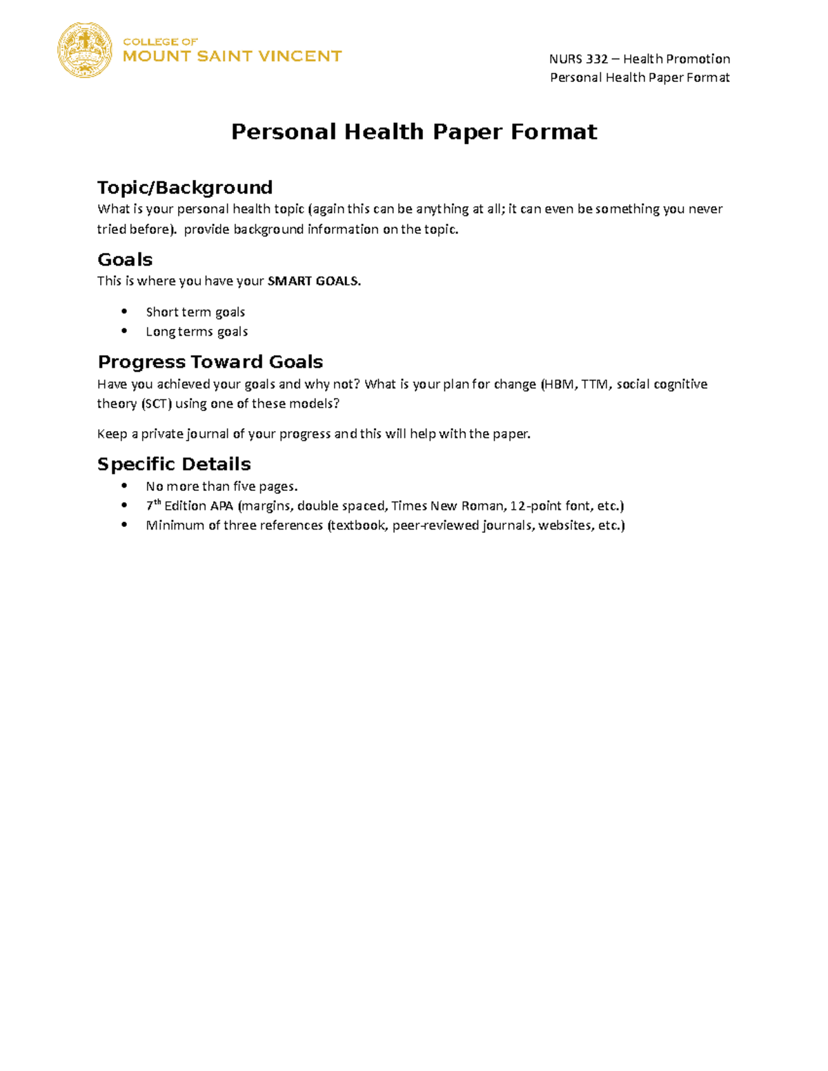 Personal Health Paper Format - NURS 332 – Health Promotion Personal ...