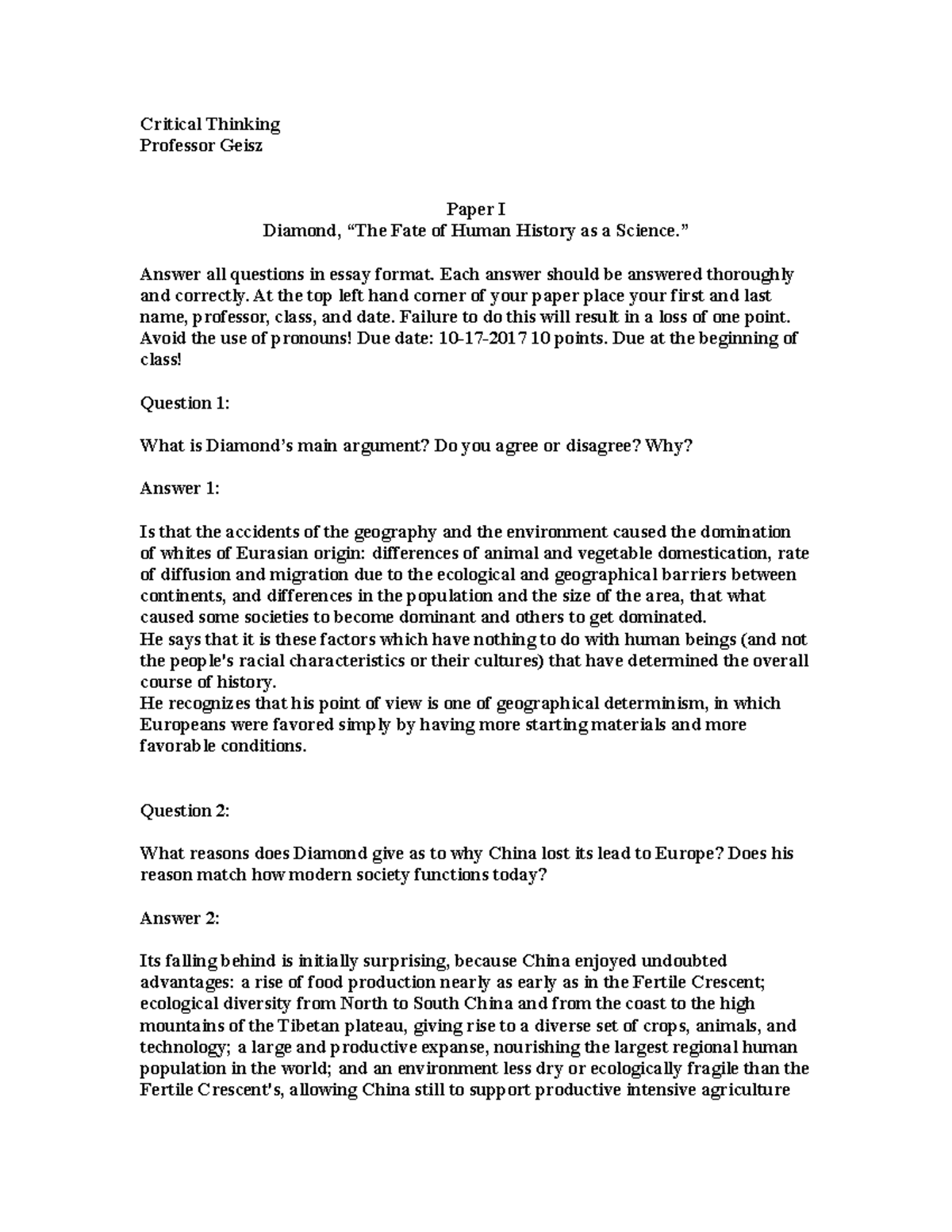 Diamond, “The Fate of Human History as a Science.” - ” Answer all ...