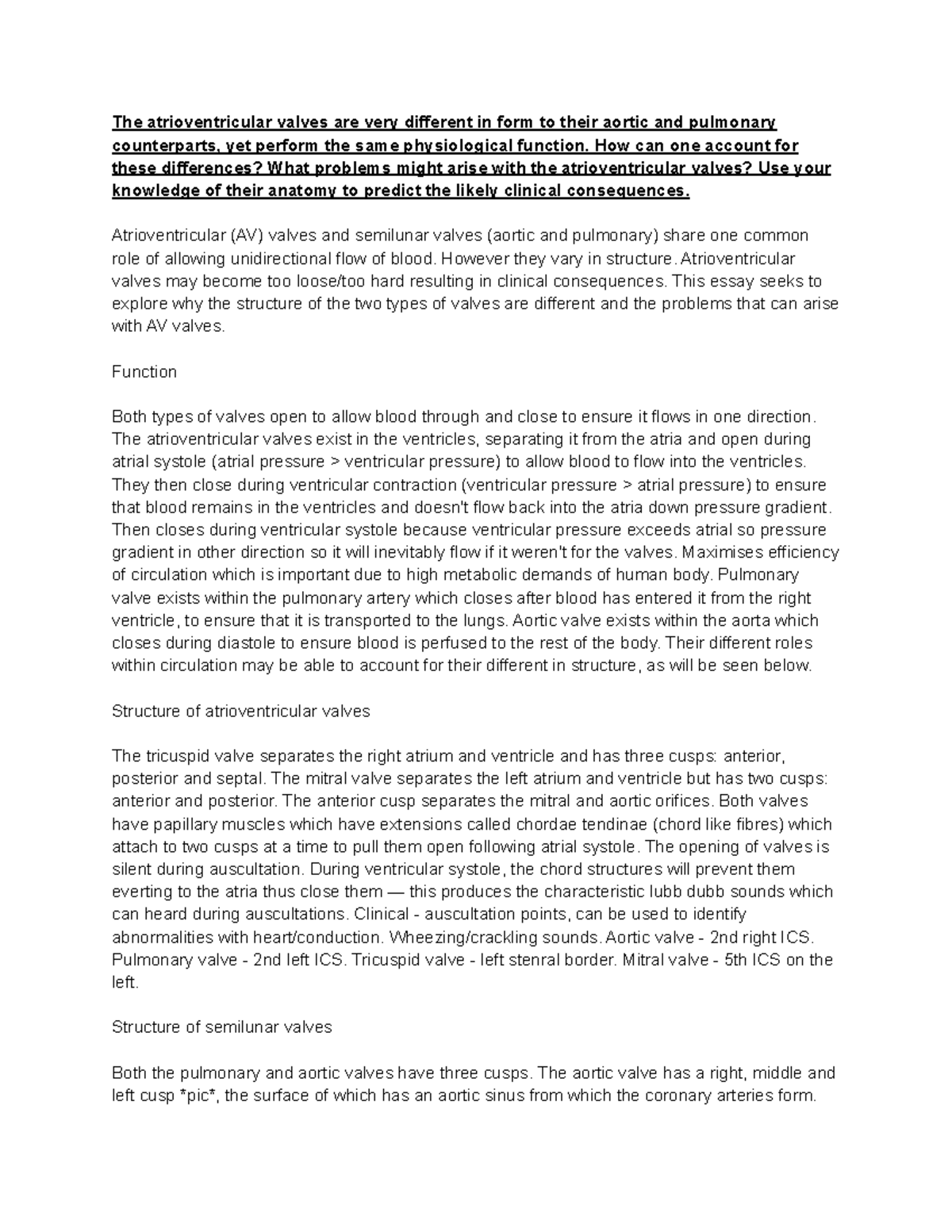 1) AV valves - This is a practice essay I wrote in preparation for the ...