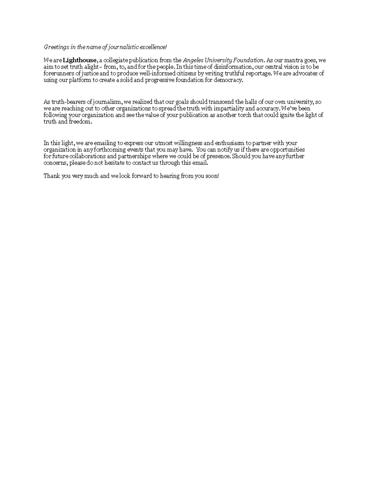 Letter of Intent or Collaboration - Greetings in the name of ...
