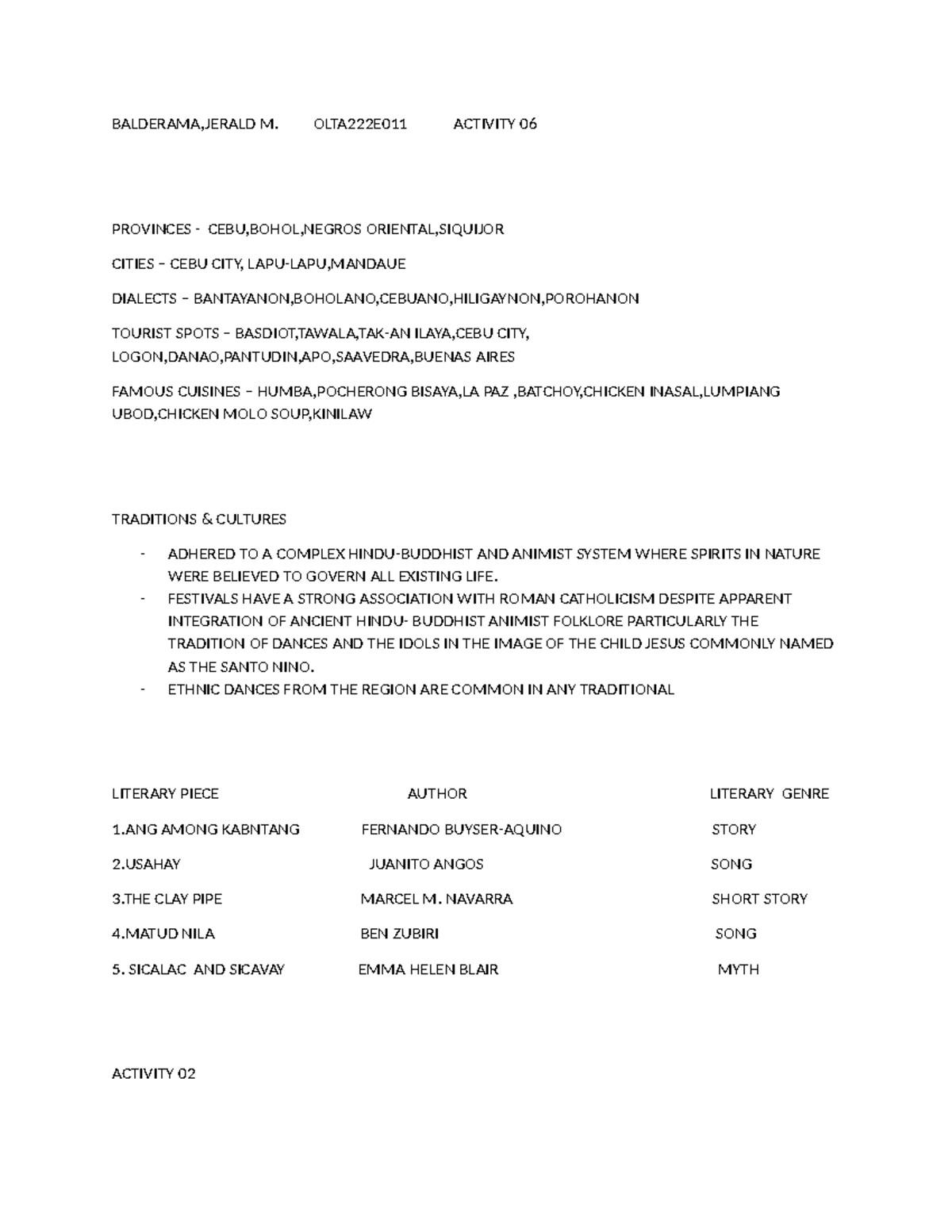 Activity 06 - VZFZFDBDFABDF - BALDERAMA,JERALD M. OLTA222E011 ACTIVITY 06 PROVINCES - - Studocu