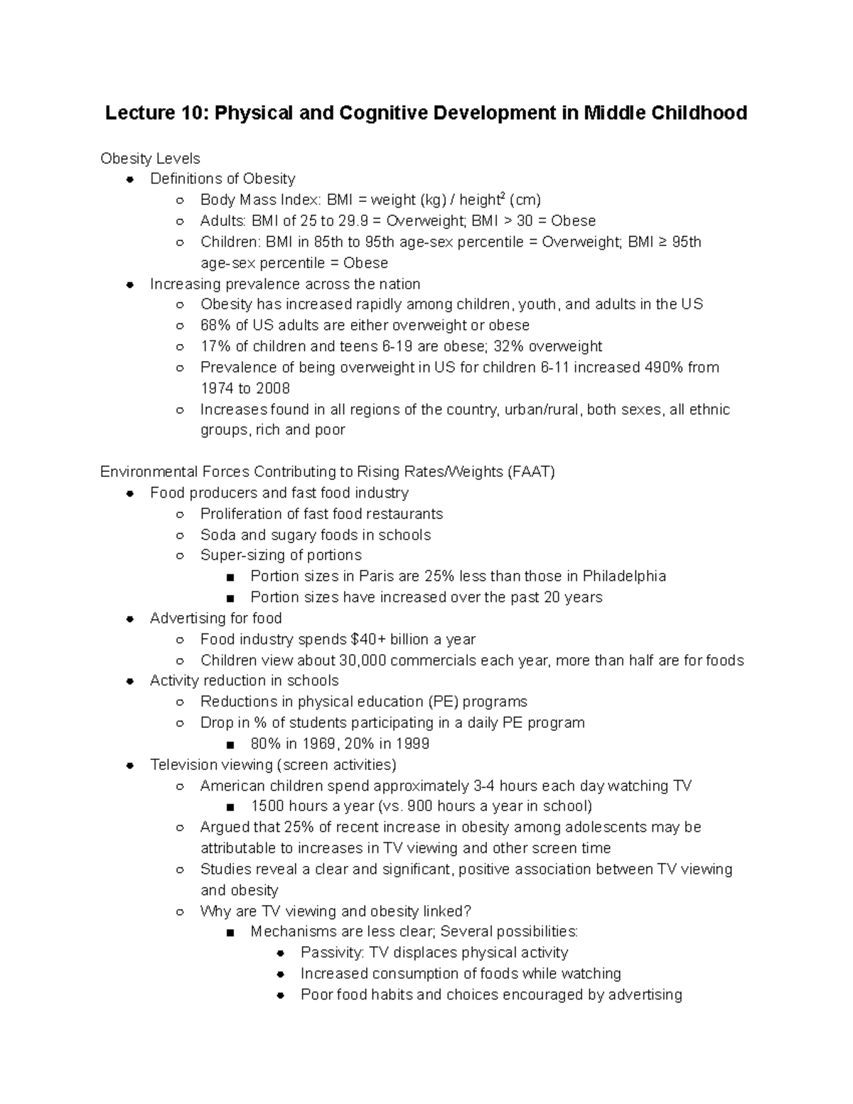 Developmental Psychology Lecture 10: Physical and Cognitive Development ...