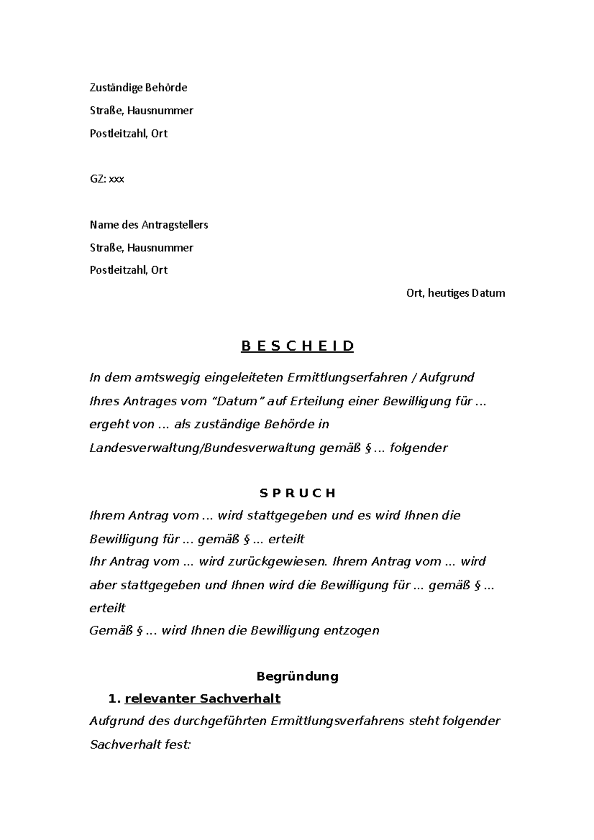 Vorlage Bescheid schreiben - Zuständige Behörde Straße, Hausnummer ...