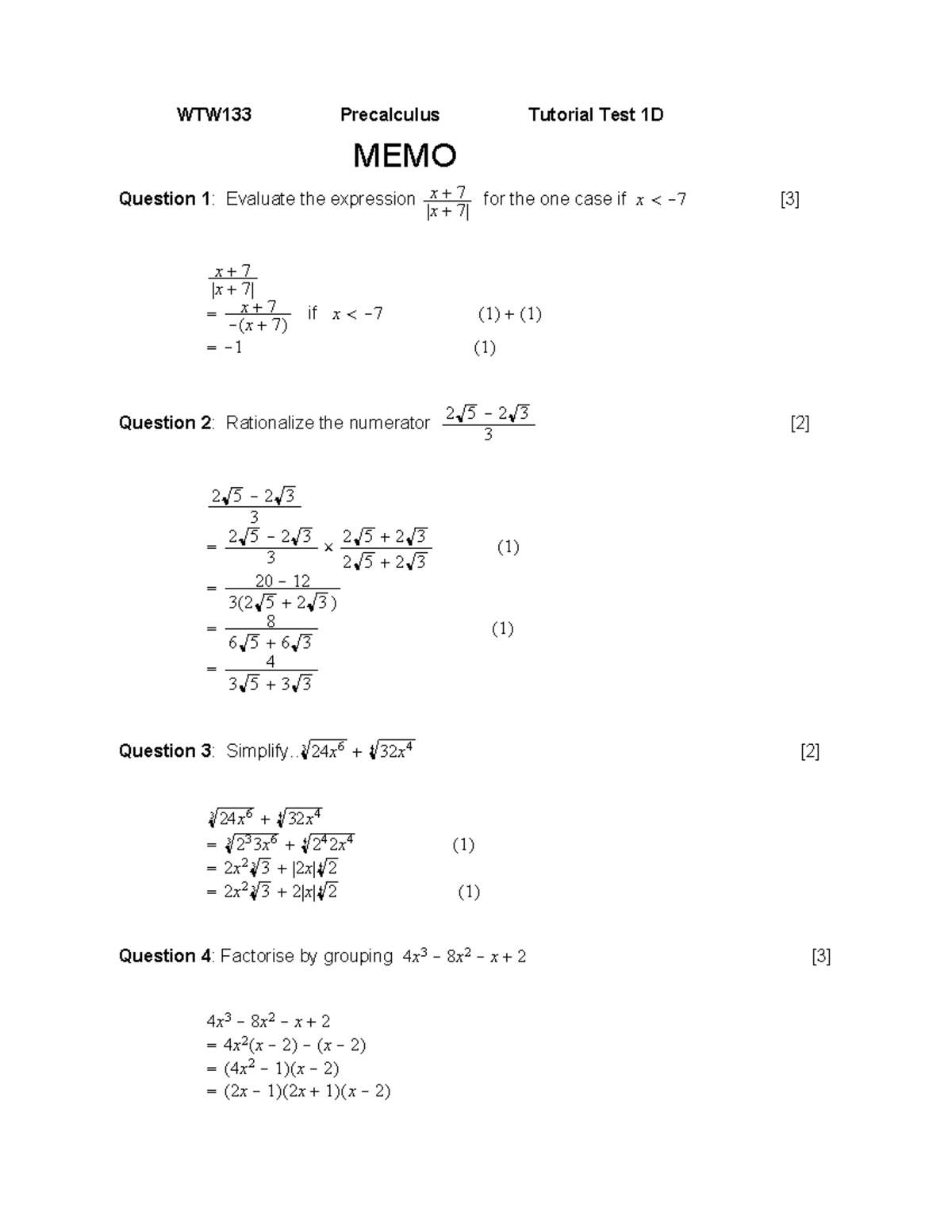 Tt1d Memo Tutorial Memo Wtw133 Precalculus Tutorial Test 1d Memo Question 1 Evaluate The