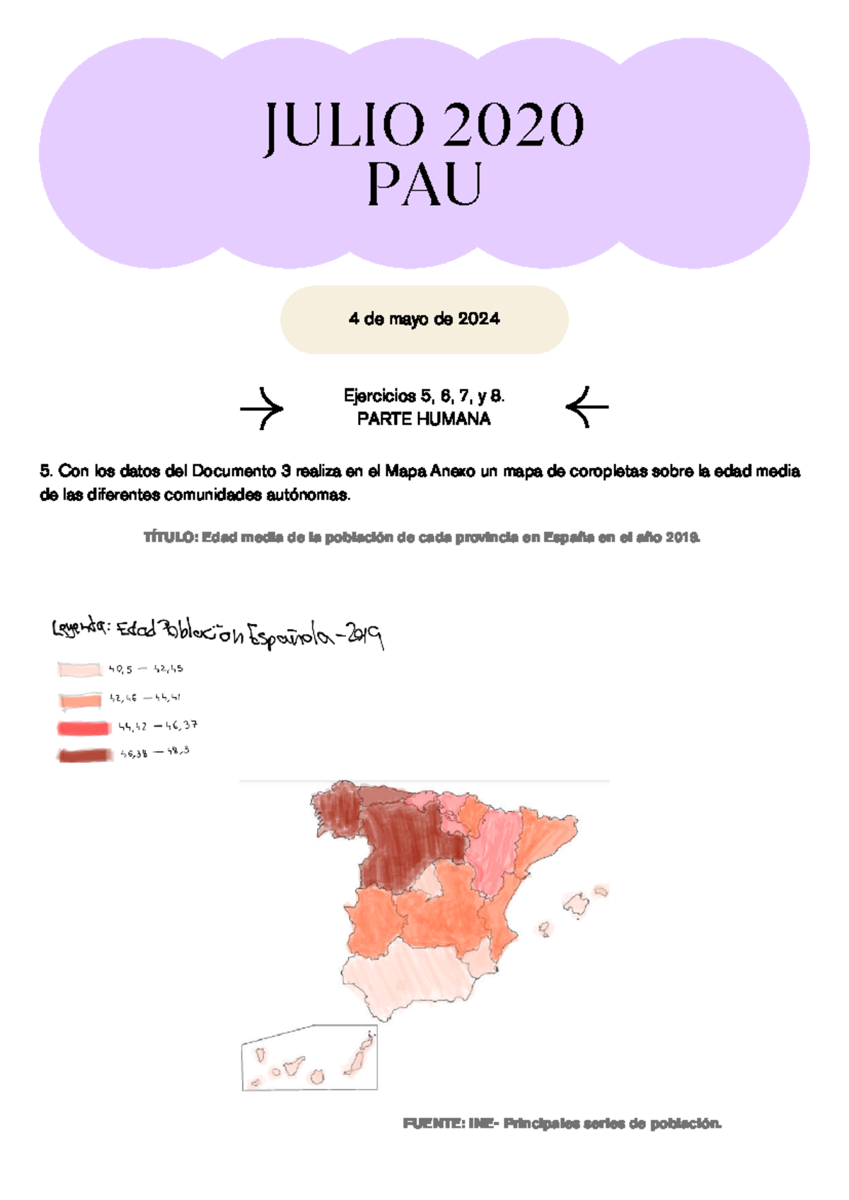 Geografía - PAU JUNIO 2020 - 5. Con los datos del Documento 3 realiza ...