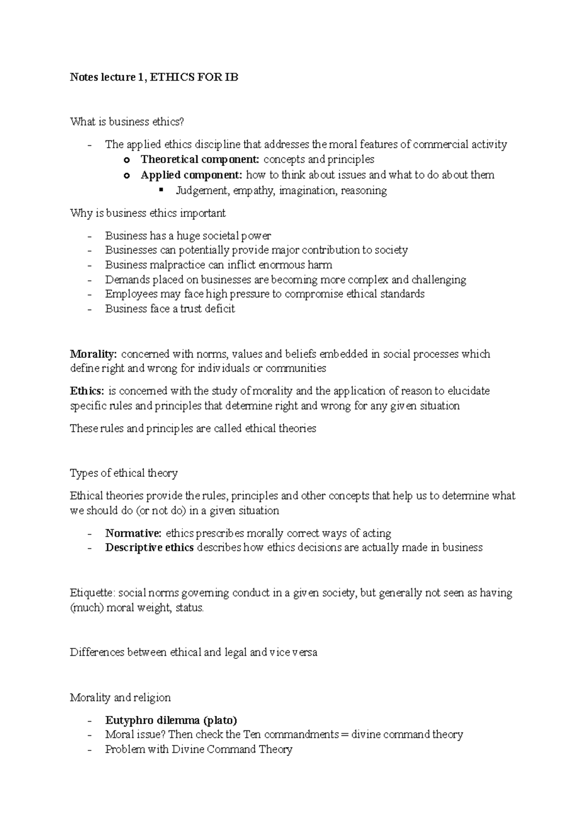 Ethics for IB notes - Notes lecture 1, ETHICS FOR IB What is business ...