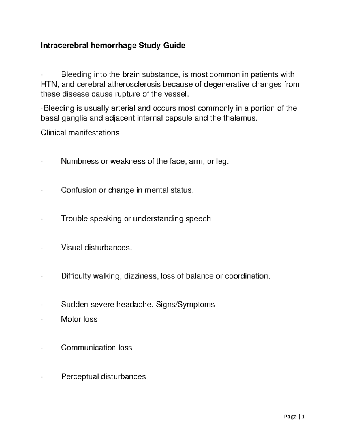 Intracerebral hemorrhage Study Guide - ·Bleeding is usually arterial ...