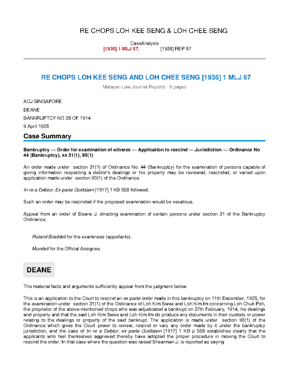 RE Chops LOH KEE SENG AND LOH CHEE SENG, [1936] 1 MLJ 67 - Law of ...