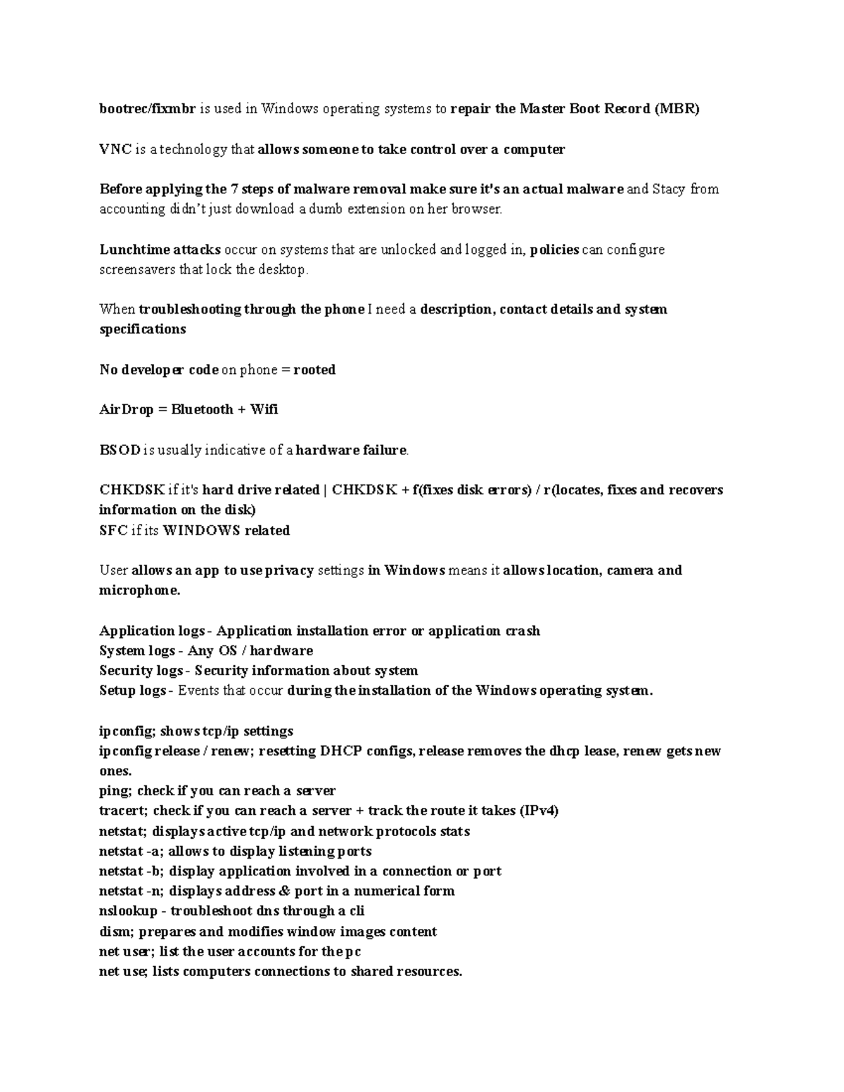 1102 Notes - Summarized - bootrec/fixmbr is used in Windows operating ...