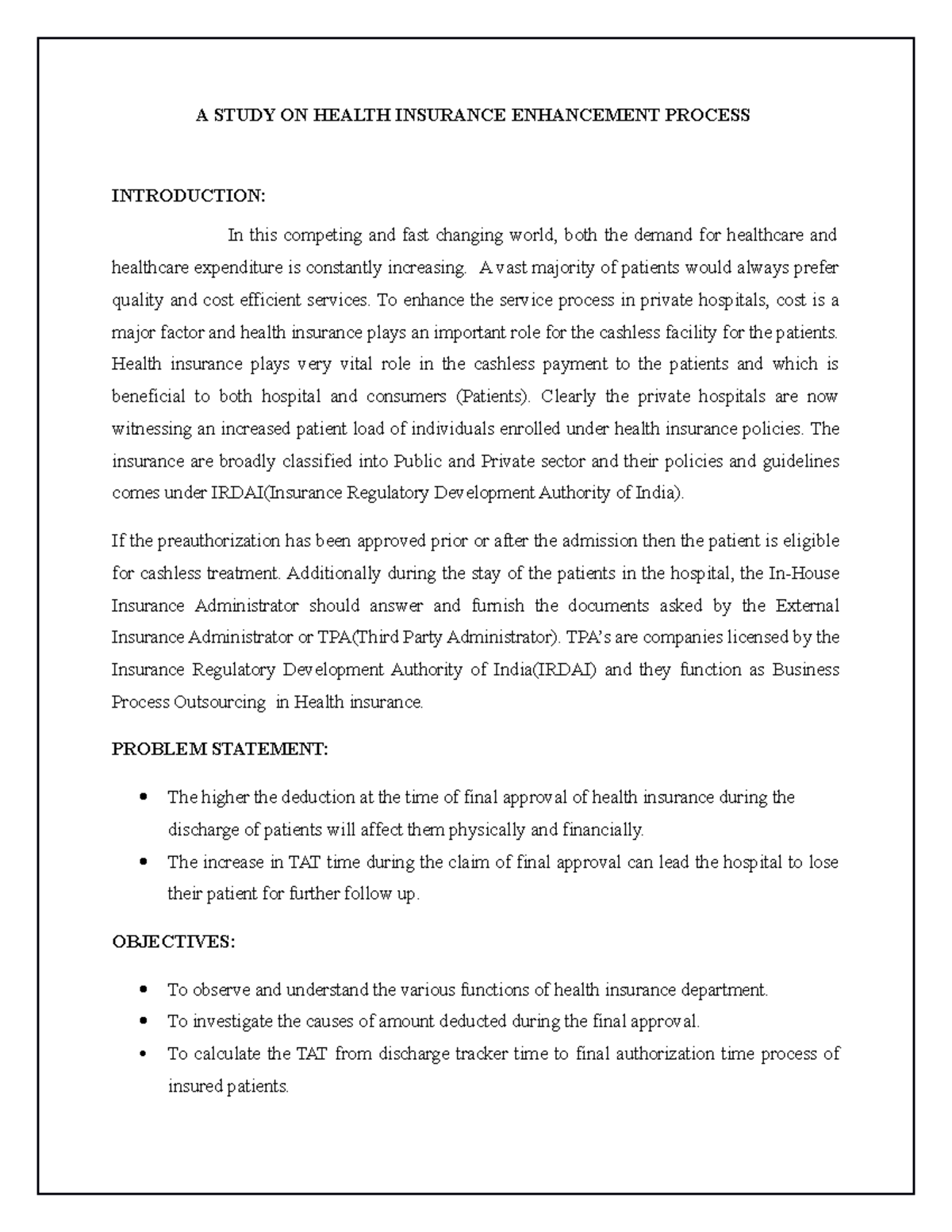 A Study on Health Insurance Enhancement Process in a multi speciality ...