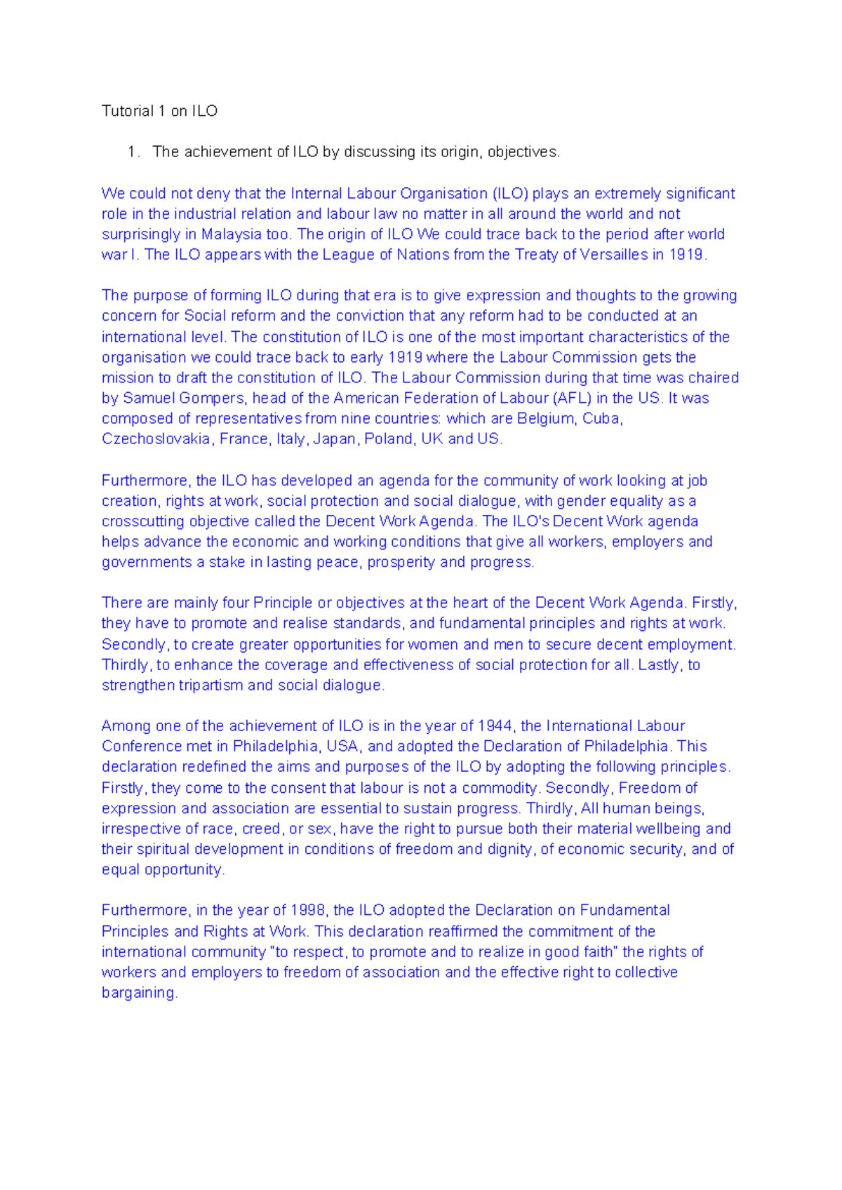 Labour Law Tutorial 1 - Tutorial 1 on ILO 1. The achievement of ILO by ...