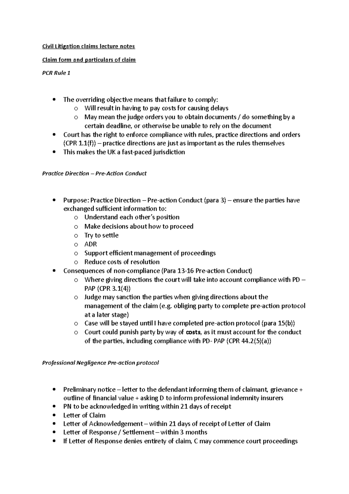 Civil Litigation claims lecture notes - obliging party to complete pre ...