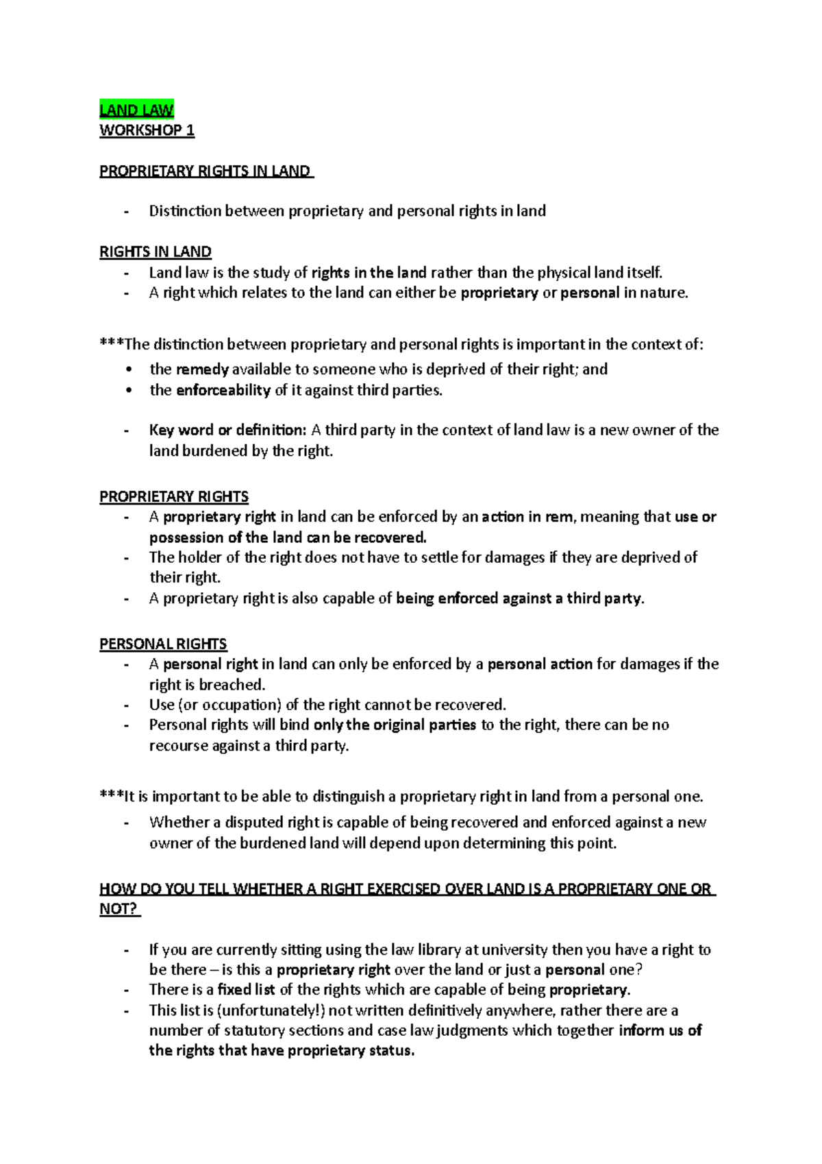 Proprietary Rights IN LAND - LAND LAW WORKSHOP 1 PROPRIETARY RIGHTS IN ...