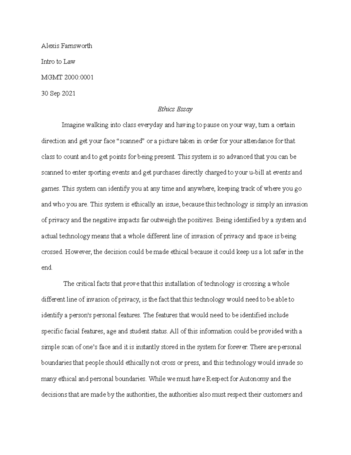 Ethics essay - Andrew H - Alexis Farnsworth Intro to Law MGMT 2000: 30 ...