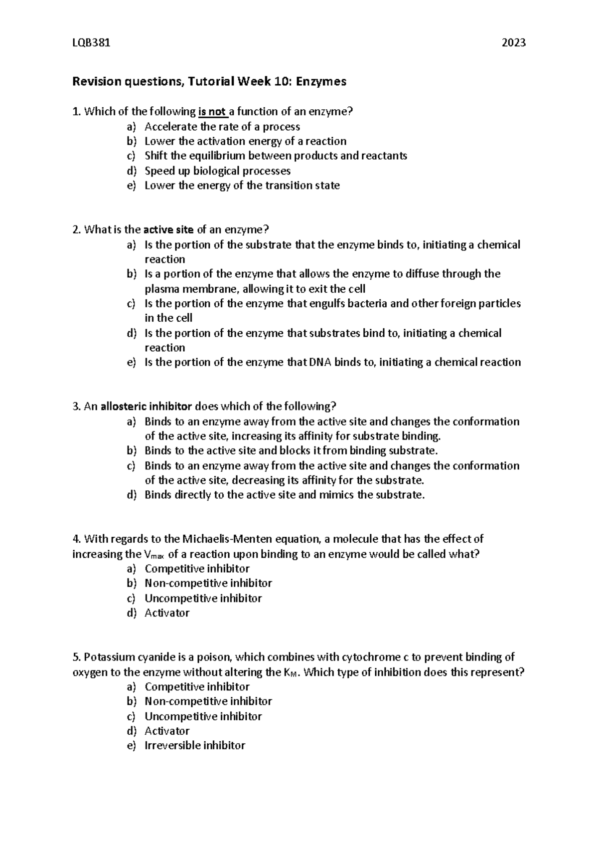 2023 LQB381 week10 Tutorial Enzymes Revision questions - Revision questions, Tutorial Week 10 ...