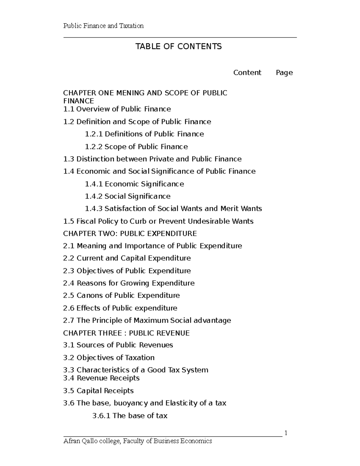 Public Finance and Taxation