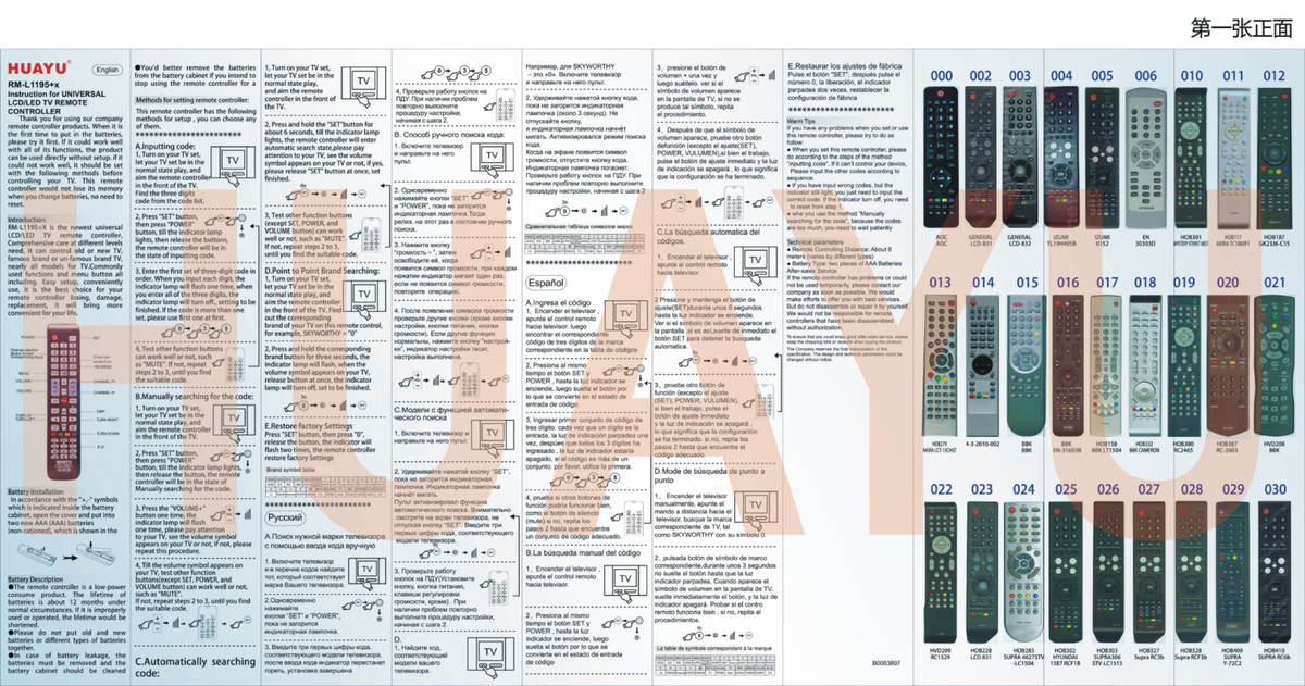 Universal Remote Codes - HUAYU English better remove the batteries 1 ...
