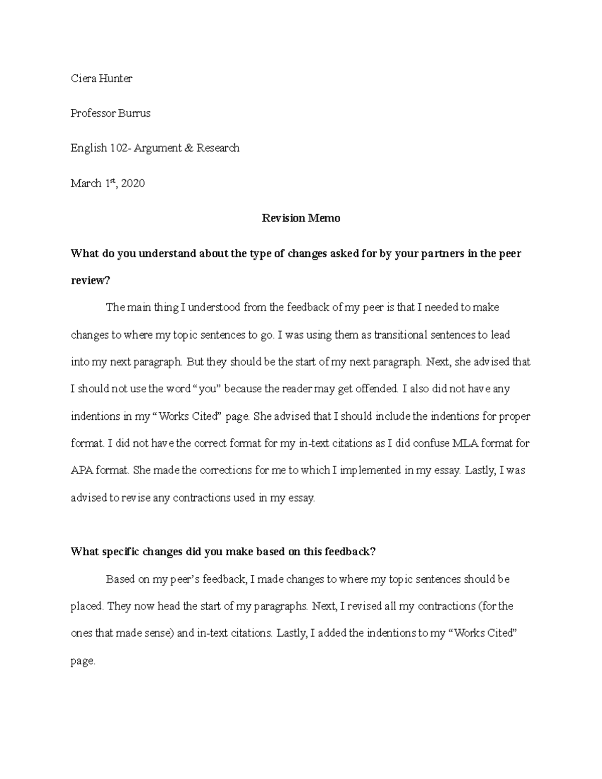 Revision Memo for Essay 1 - Ciera Hunter Professor Burrus English 102 ...
