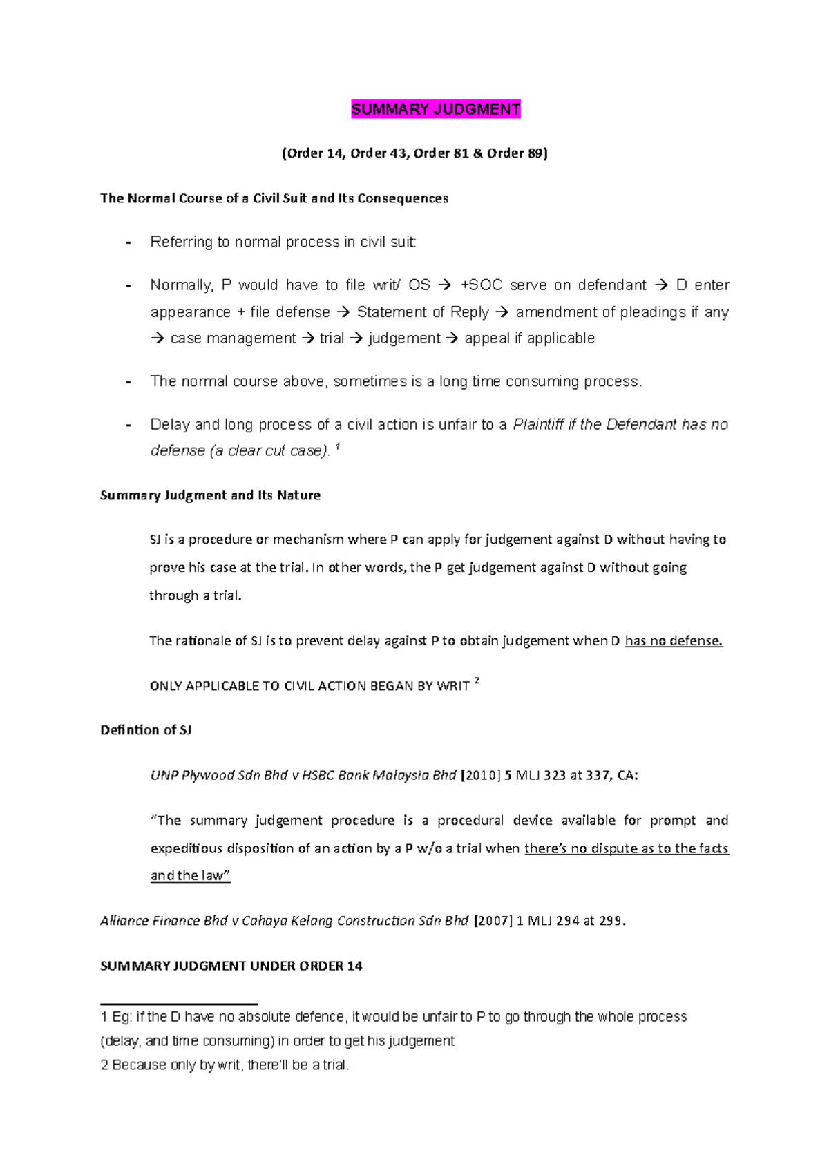 Summary judgement part 1 - SUMMARY JUDGMENT (Order 14, Order 43, Order ...