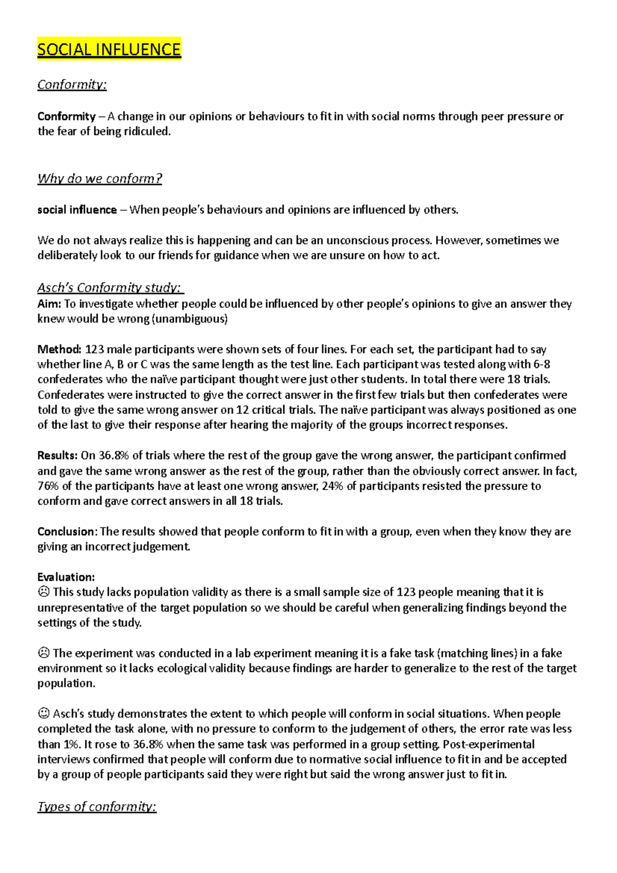 Year 11 psych notes - SOCIAL INFLUENCE Conformity: Conformity – A ...