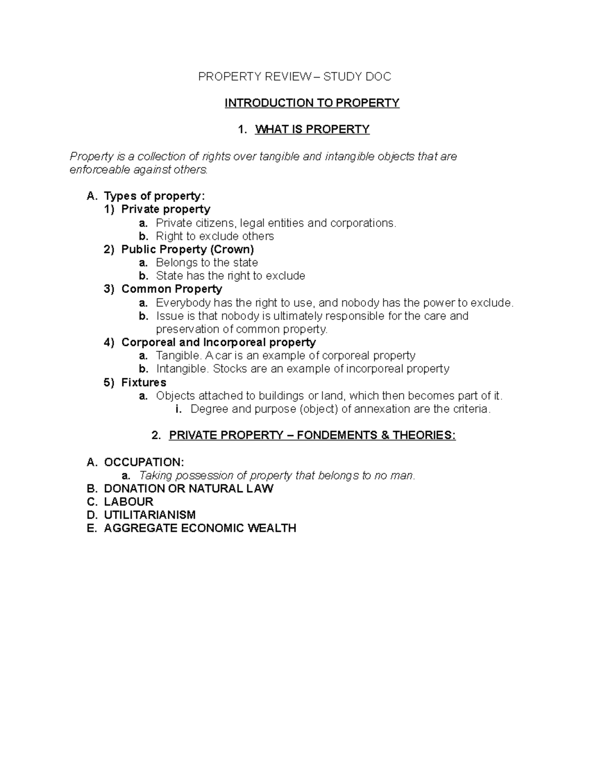 Notes de Cours - Property - PROPERTY REVIEW – STUDY DOC INTRODUCTION TO ...