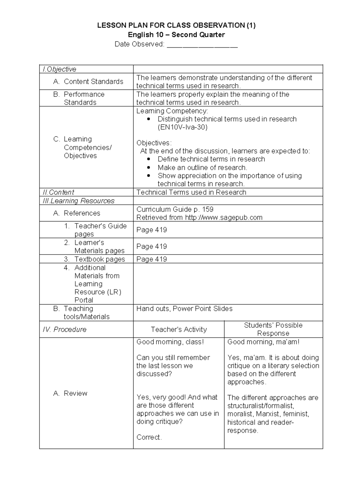 506728972 Technical Terms in Research Grade 10 - LESSON PLAN FOR CLASS ...