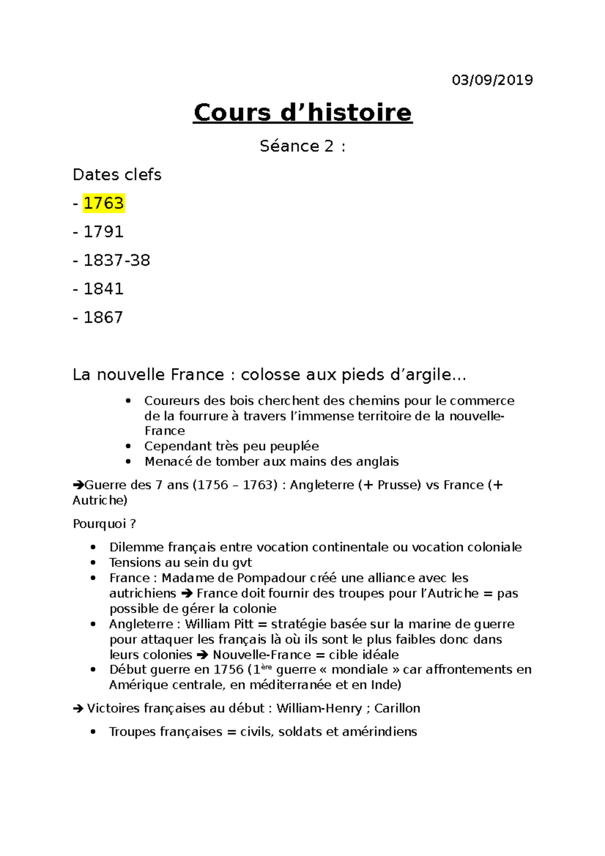 Histoire séance 2 - Notes de cours 2 - 03/09/ Cours d’histoire Séance 2 ...