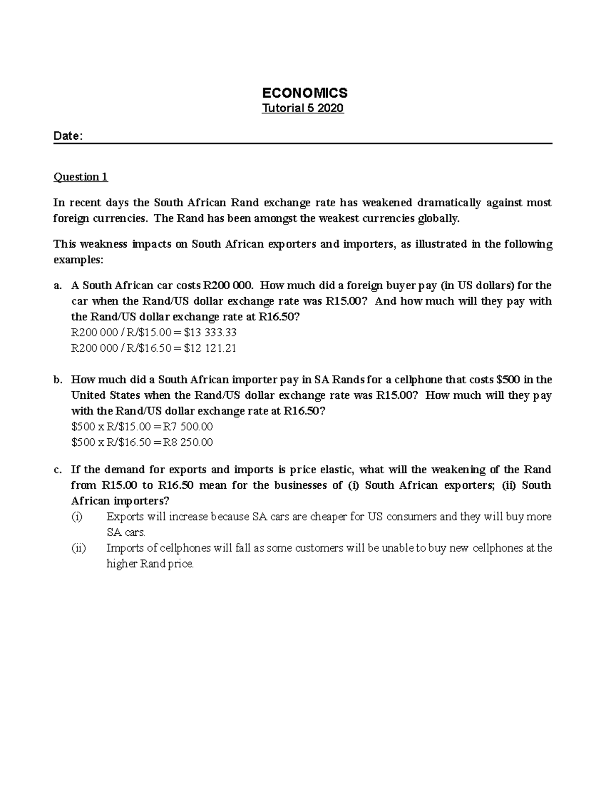Economics Tutorial 5 2020 - with solutions (70kb) - ECONOMICS Tutorial ...