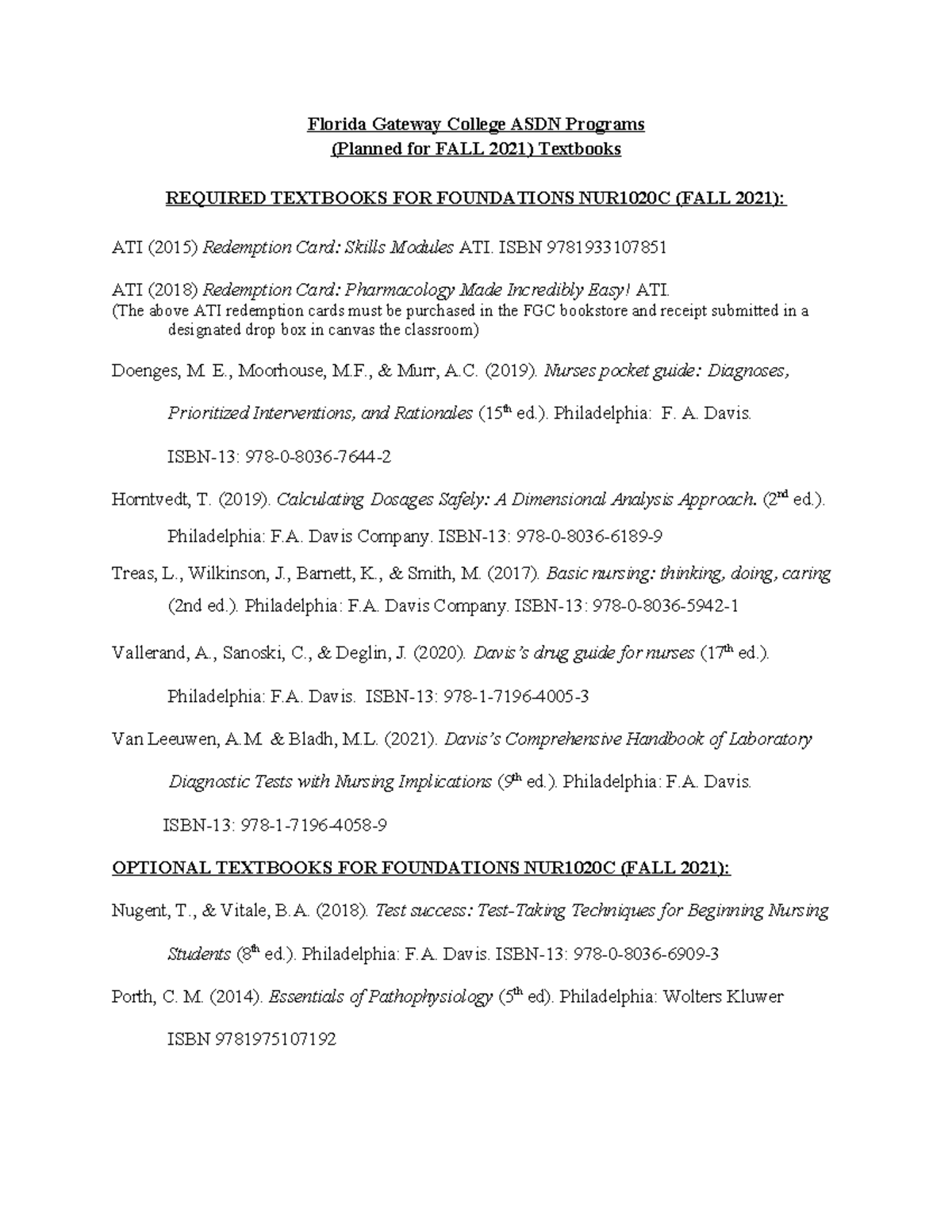 FALL 2021 ASDN Programs Textbooks -updated 7 21 - Florida Gateway ...