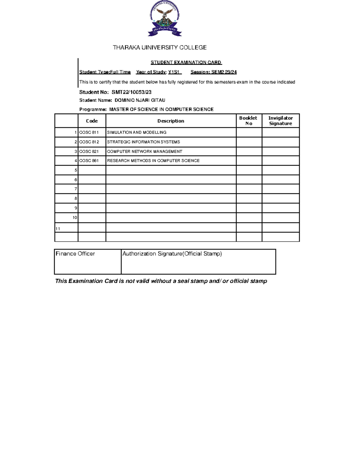 Examcard-SMT221005323 - STUDENT EXAMINATION CARD Student Type:Full Time ...
