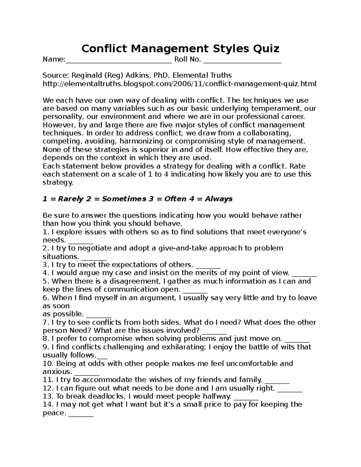 Conflict Management Styles Quiz - Conflict Management Styles Quiz - Studocu