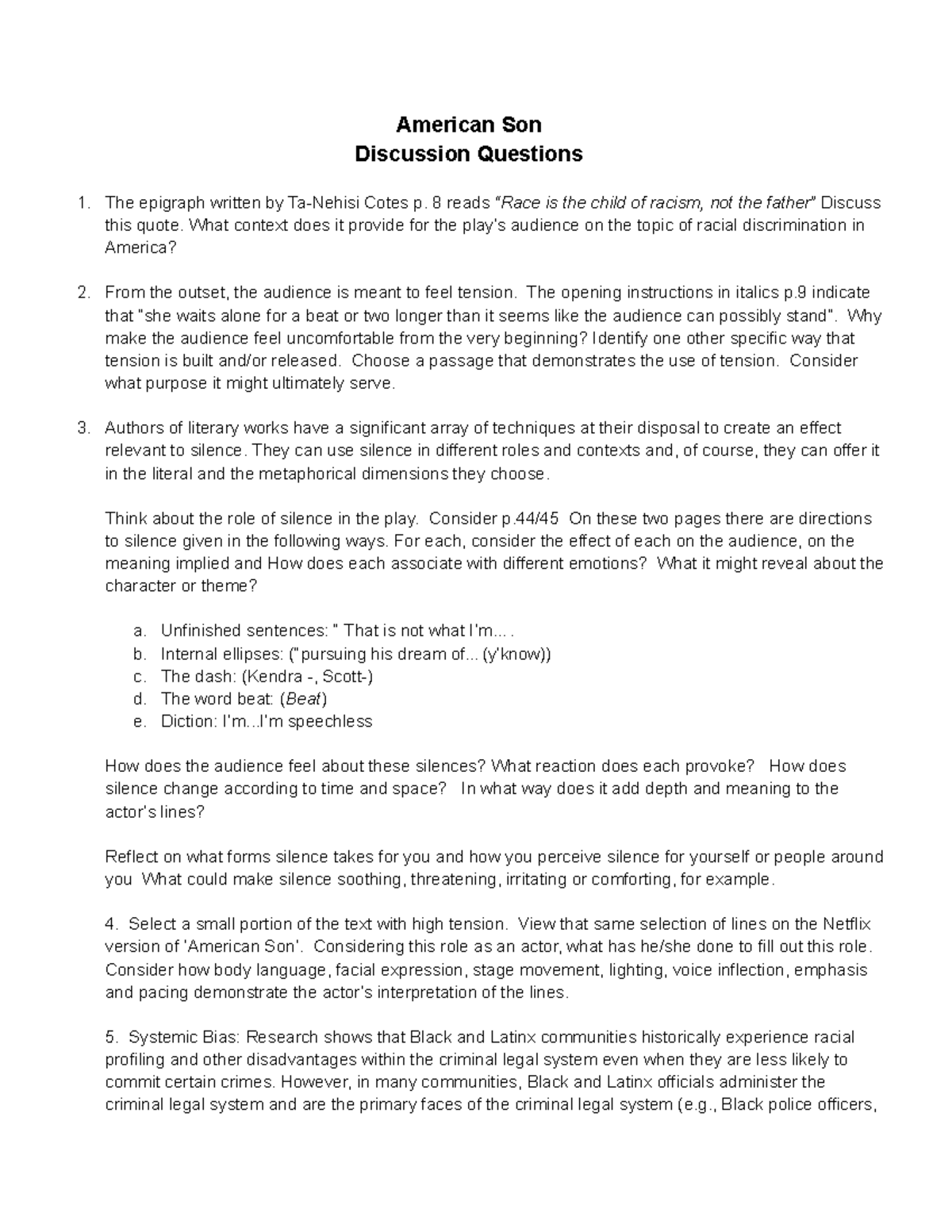 5.1.American Son Discussion Questions - American Son Discussion ...