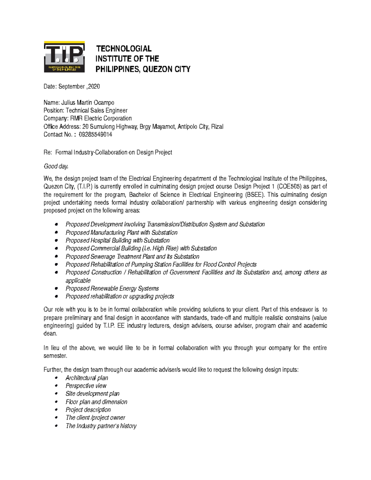 Letter DP1 joaquino maceda ocampo - TECHNOLOGIAL INSTITUTE OF THE ...