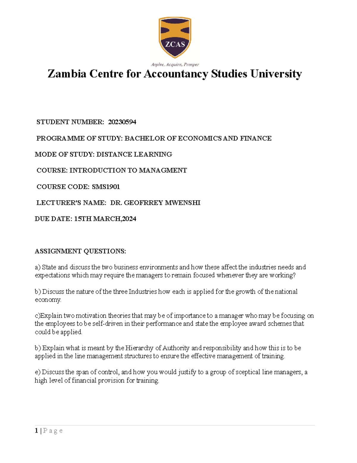 Introduction TO Management DONE Assignment - Zambia Centre for ...