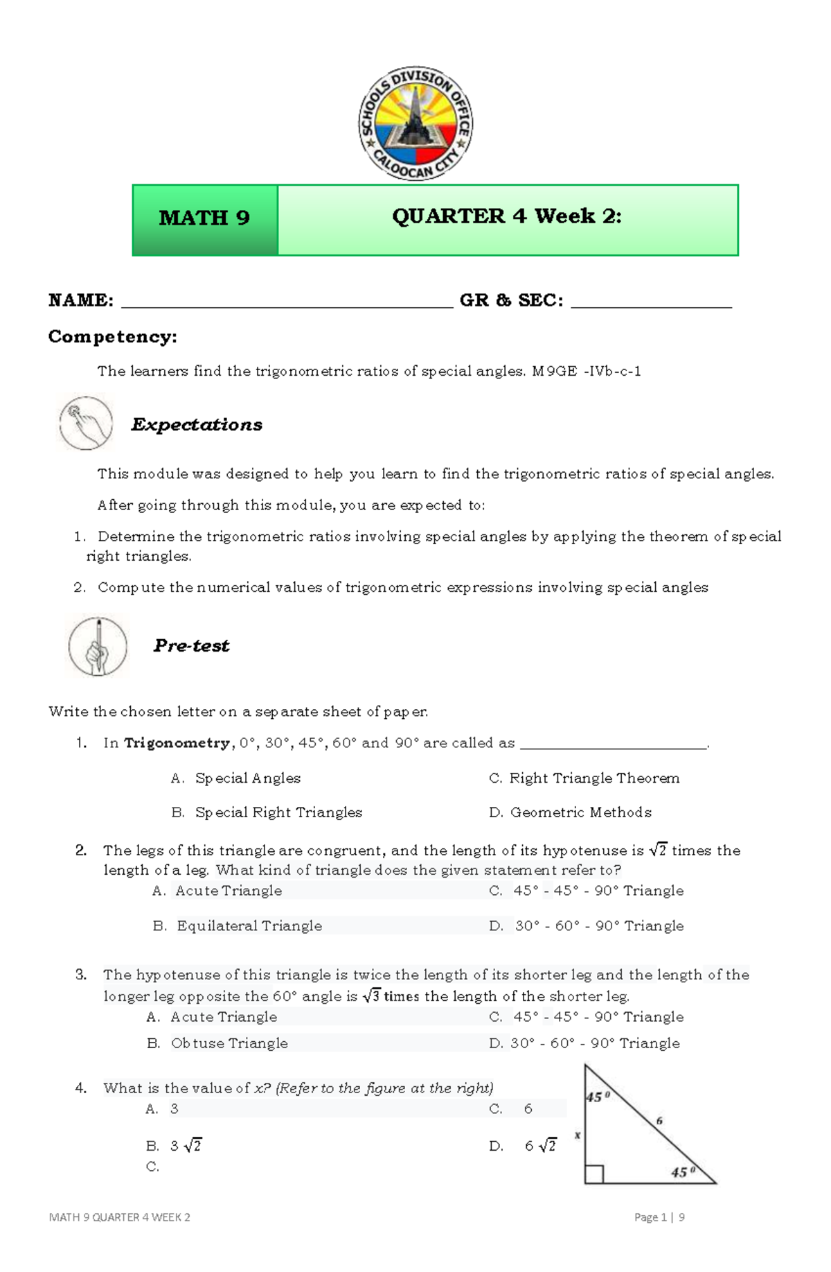 Math 9 Q4 Week 2 - ............ - NAME: ___________________________________ GR & SEC: - Studocu