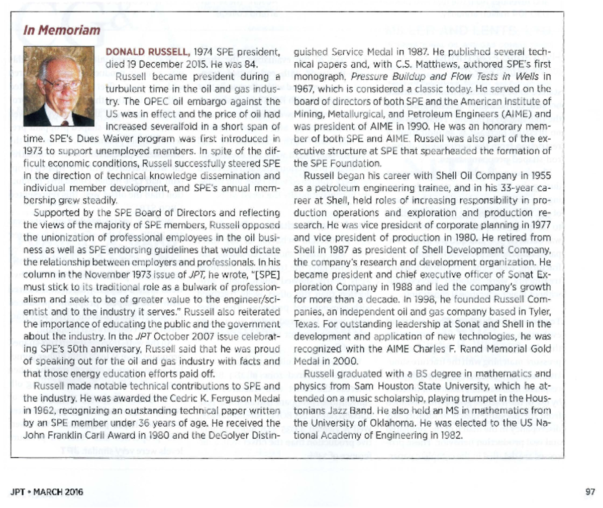 2016 0301 JPT Obituary Don Russell (pdf) - In Memoriam DONALD RUSSELL ...