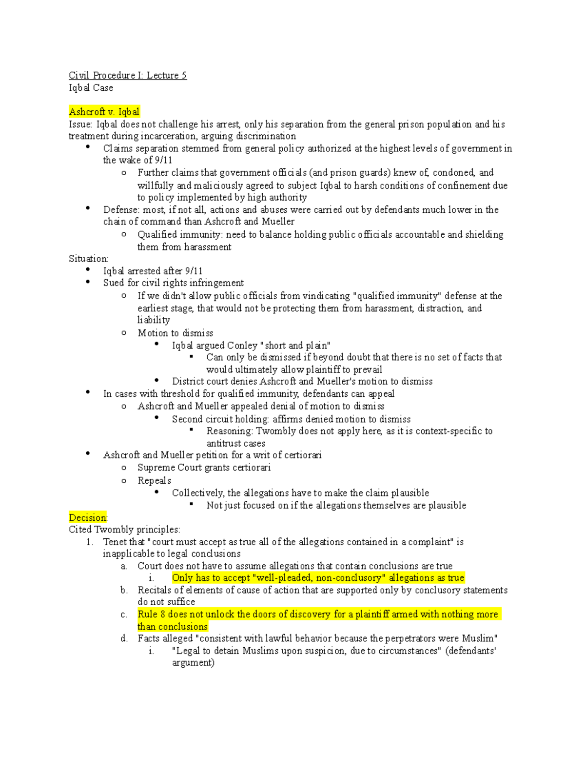 Civil Procedure Lecture 5: Iqbal Case - Civil Procedure I: Lecture 5 ...