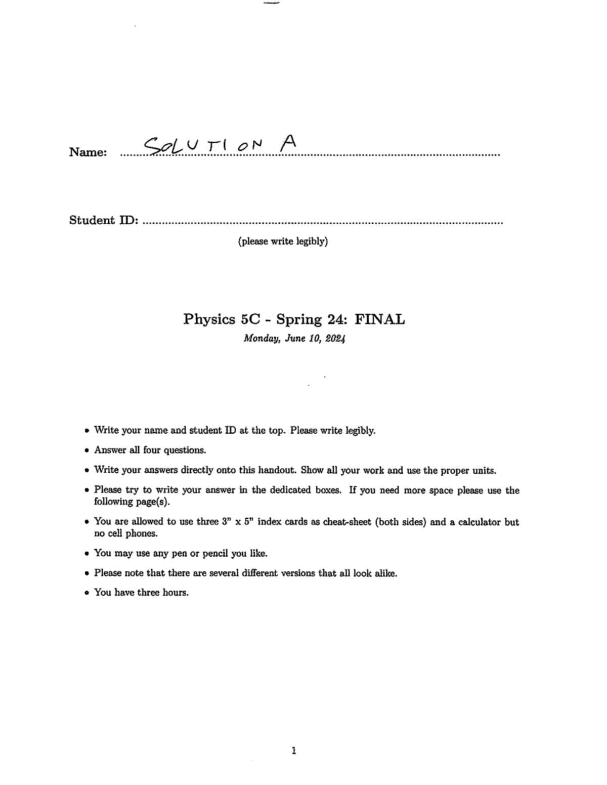 Practice-final-sol - Physics 5C Practice final Spring 2024 - Student IDs: (please write legibly ...