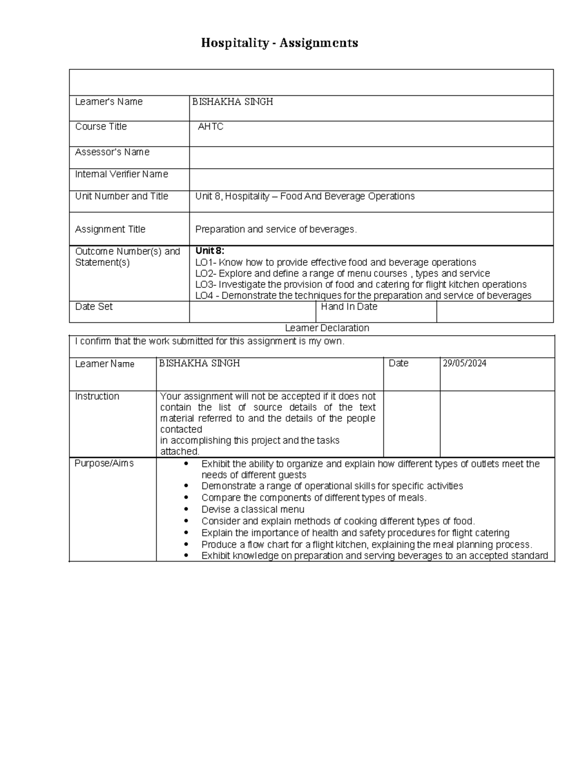 Hospitality-2 Assignments Written - Learner’s Name BISHAKHA SINGH ...