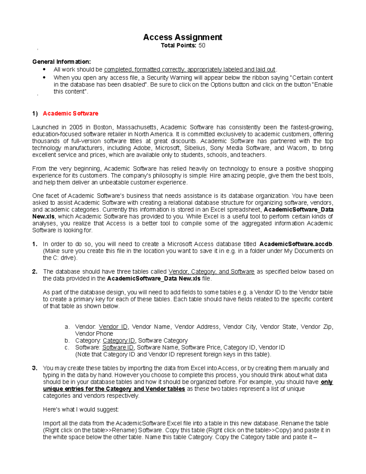 Access Assignment Instructions - Access Assignment Total Points: 50 ...