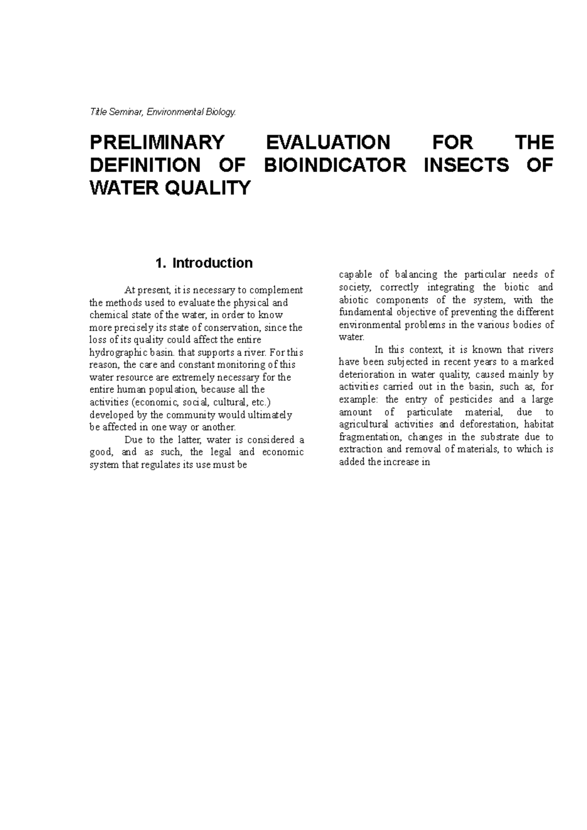 Preliminary Evaluation FOR THE Definition OF Bioindicator - Title ...