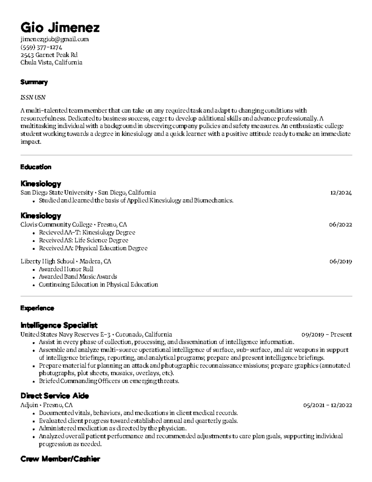 2023 Resume - Summary ISSN USN A multi-talented team member that can ...