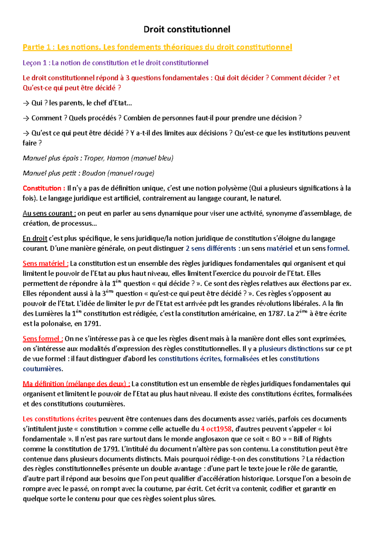 Cours droit constitutionnel - Droit constitutionnel Partie 1 : Les ...