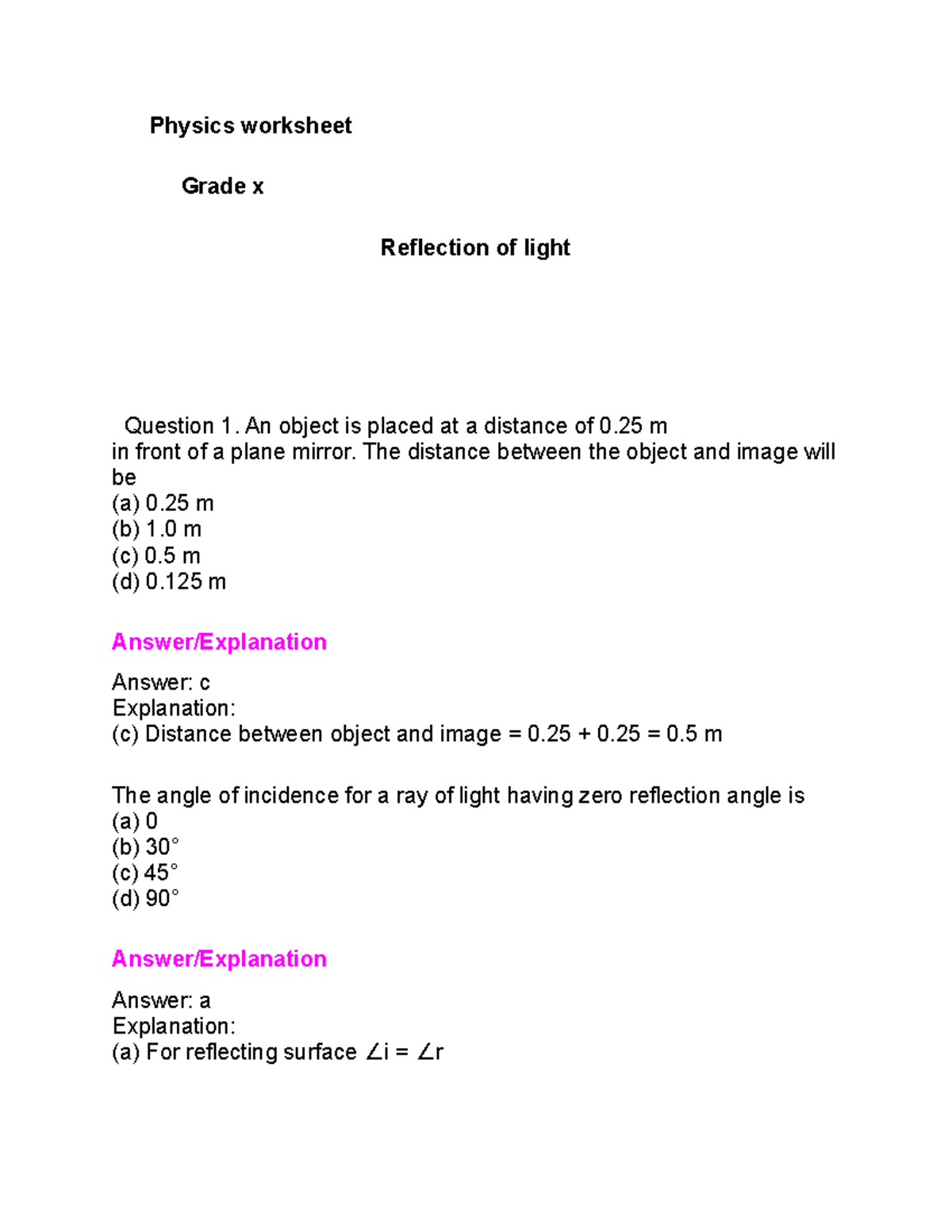 Physics Class 10 Chapter 1 Light MCQ 's - Physics worksheet Grade x ...