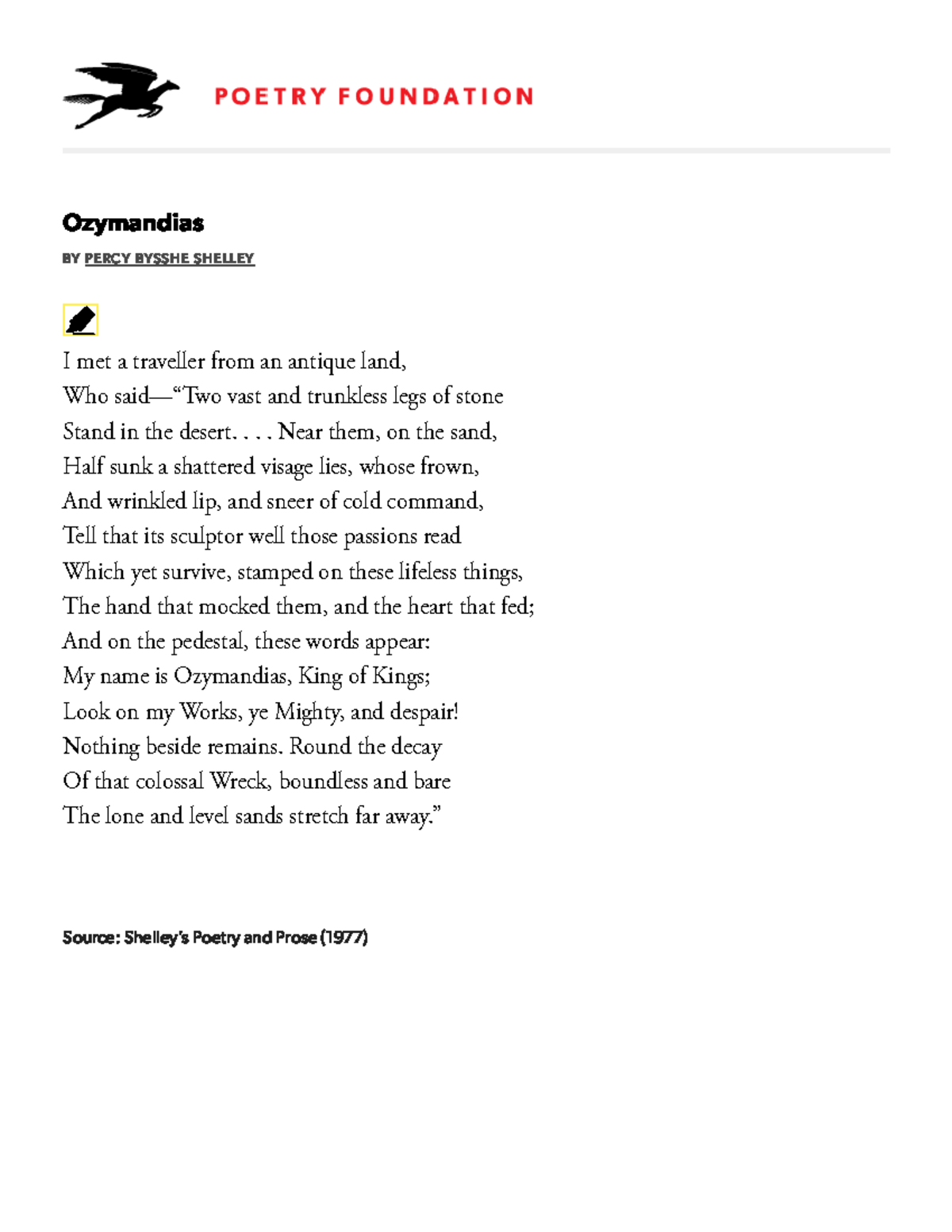 Ozymandias The Poetry Foundation - Ozymandias BY PERCY BYSSHE SHELLEY ...