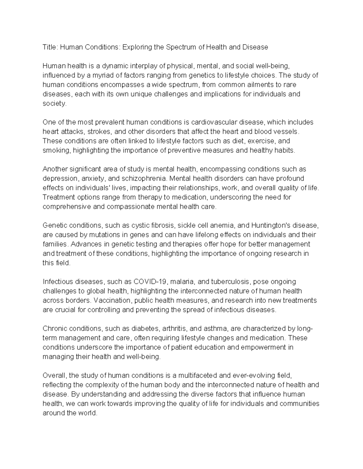 Title Human Conditions Exploring the Spectrum of Health and Disease ...