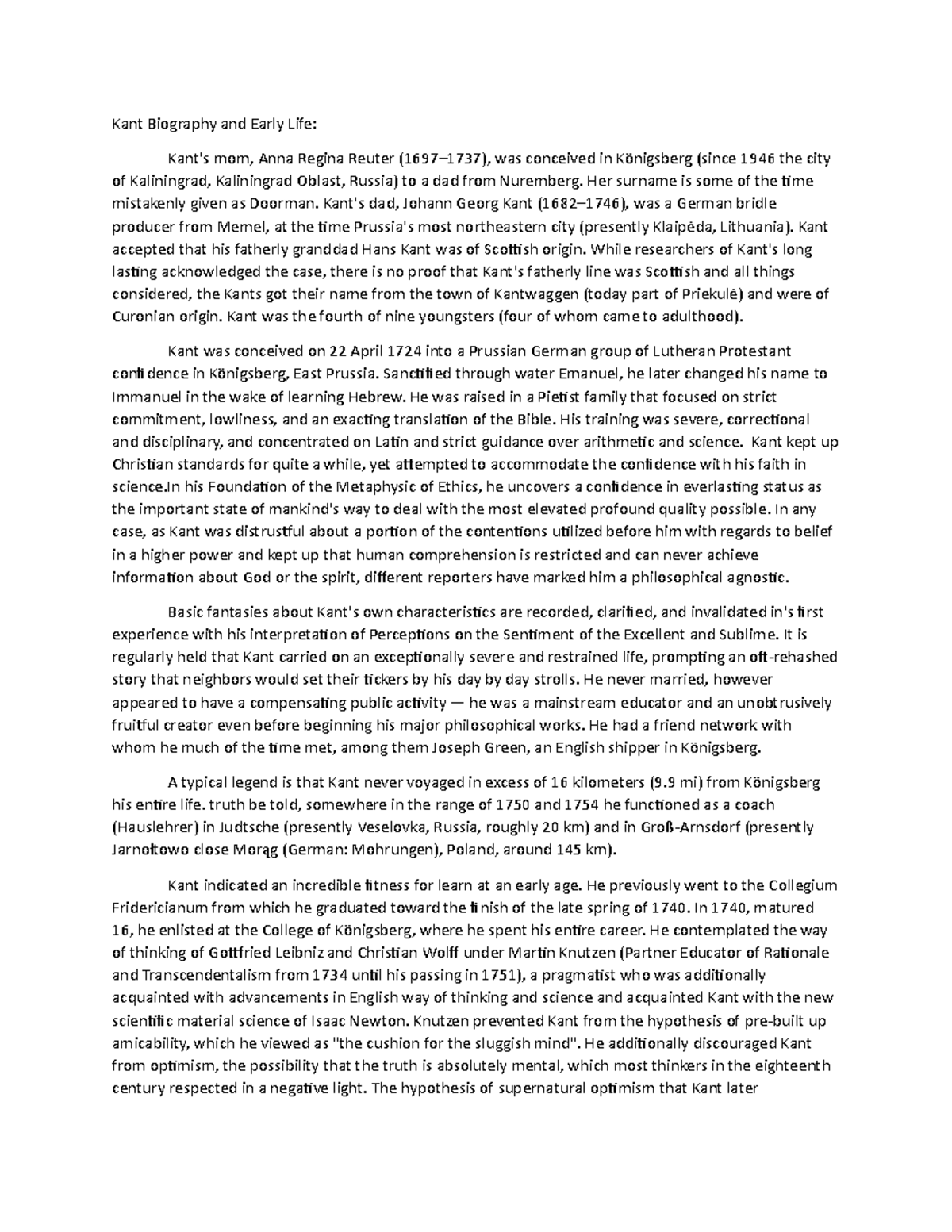 KANT Biography - Kant Biography and Early Life: Kant's mom, Anna Regina ...